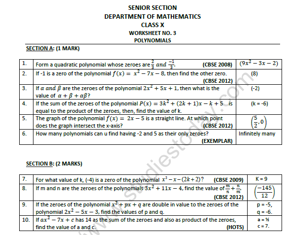 CBSE Class 10 Mathematics Polynomials Worksheet Set C